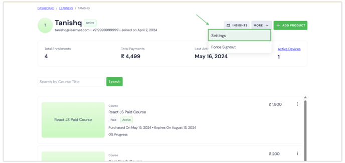 Change a learners password or send password reset emails to learners
